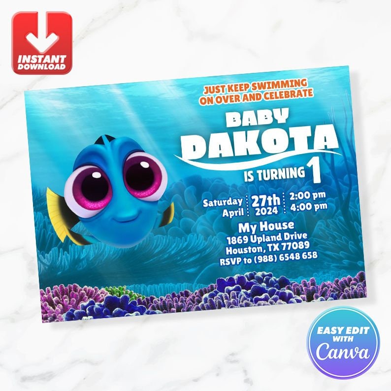 Baby Dory Birthday Invitation Finding Dory Birthday Invite Editable ...
