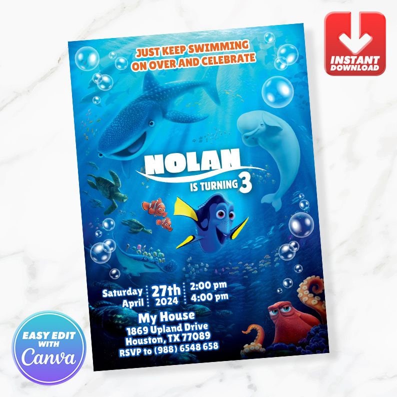Finding Dory Birthday Invitation Nemo Birthday Invite Editable Template ...
