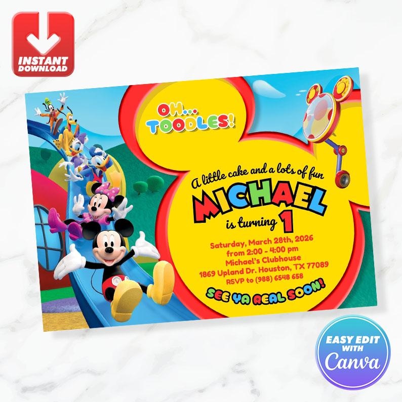 Mickey Mouse Clubhouse Birthday Invitation Donald Goofy Toodles Invite ...