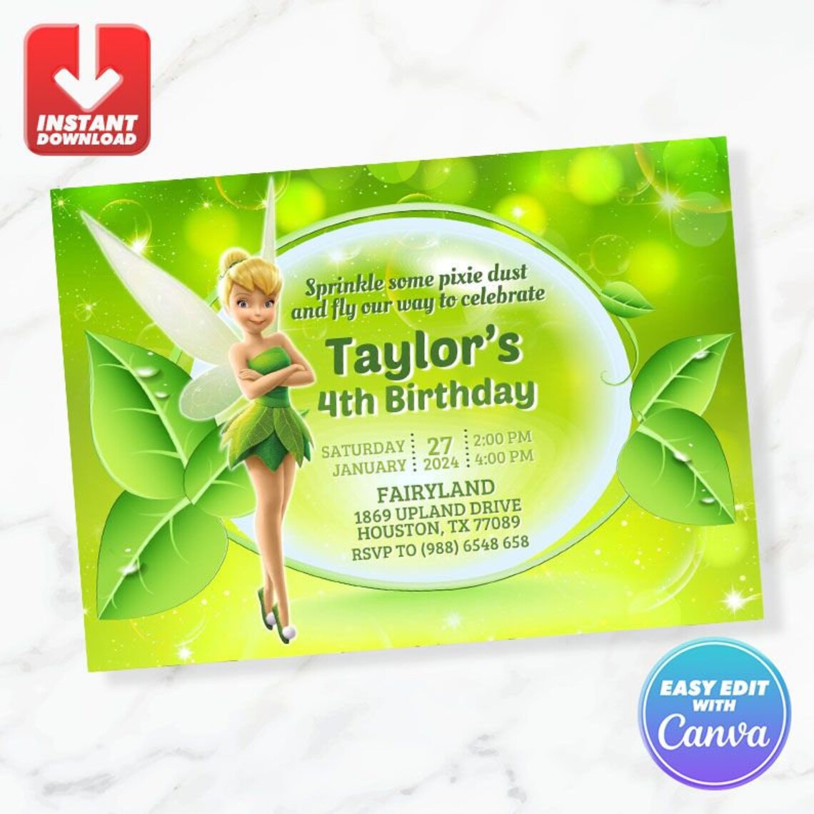 Tinkerbell Birthday Invitation Fairy Birthday Invite Editable Template ...