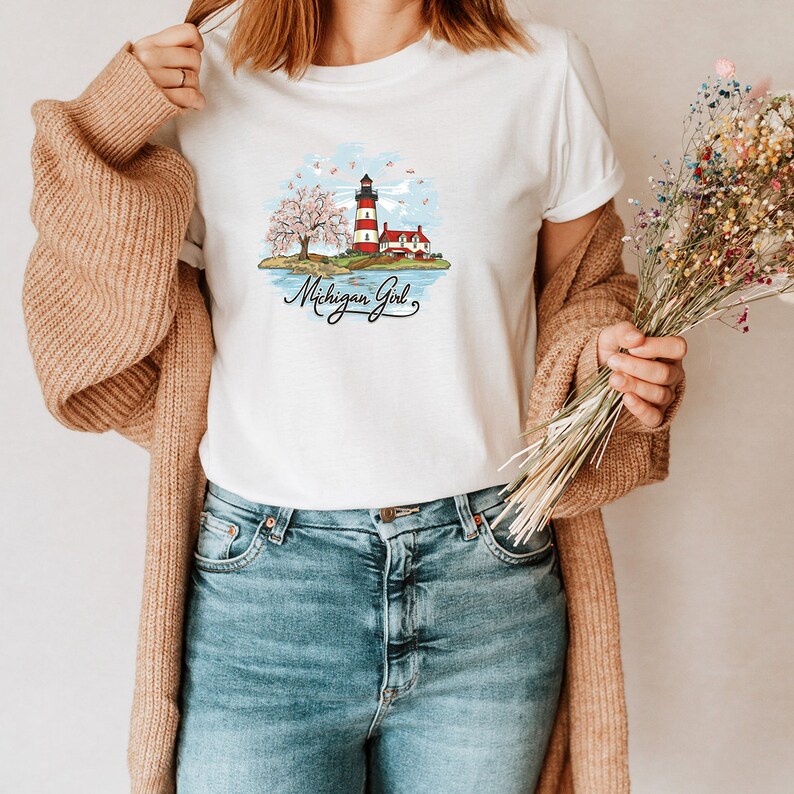 Michigan Girl Lighthouse White T-shirt Lighthouse Shirt Great Lakes ...
