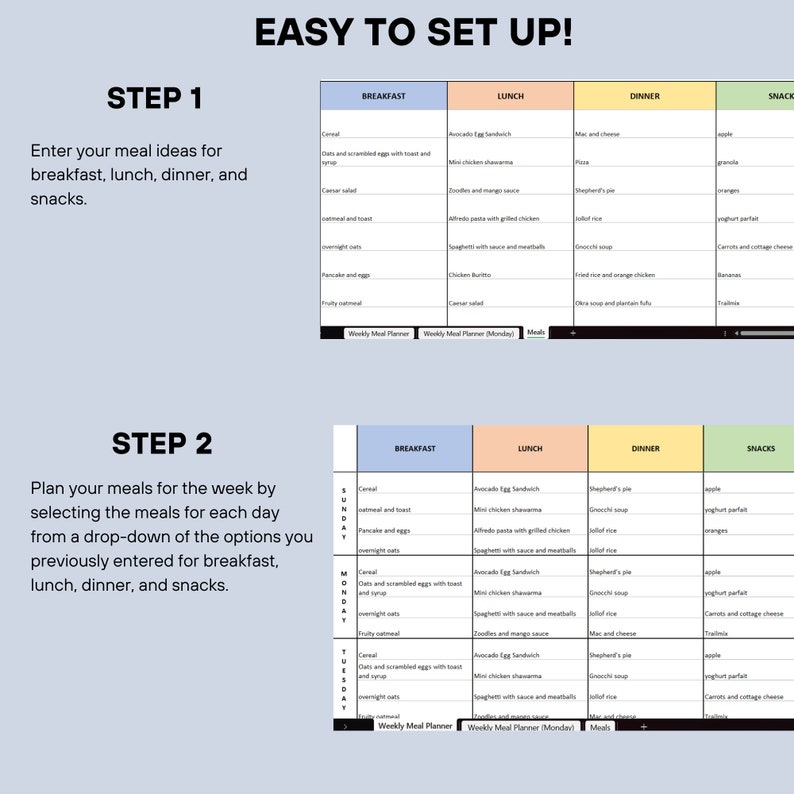 No Fuss Simple and Basic Weekly Meal Planner Spreadsheet: Simple Excel ...