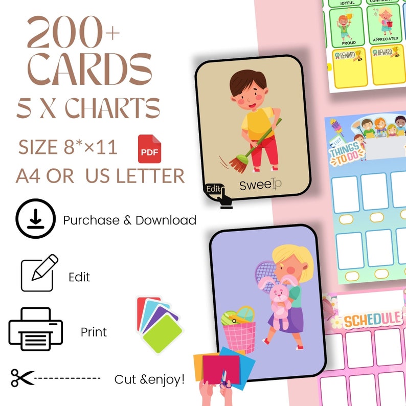 Editable Kids Chore Chart Kids Routine Cards Kids Reward Chart Cleaning ...