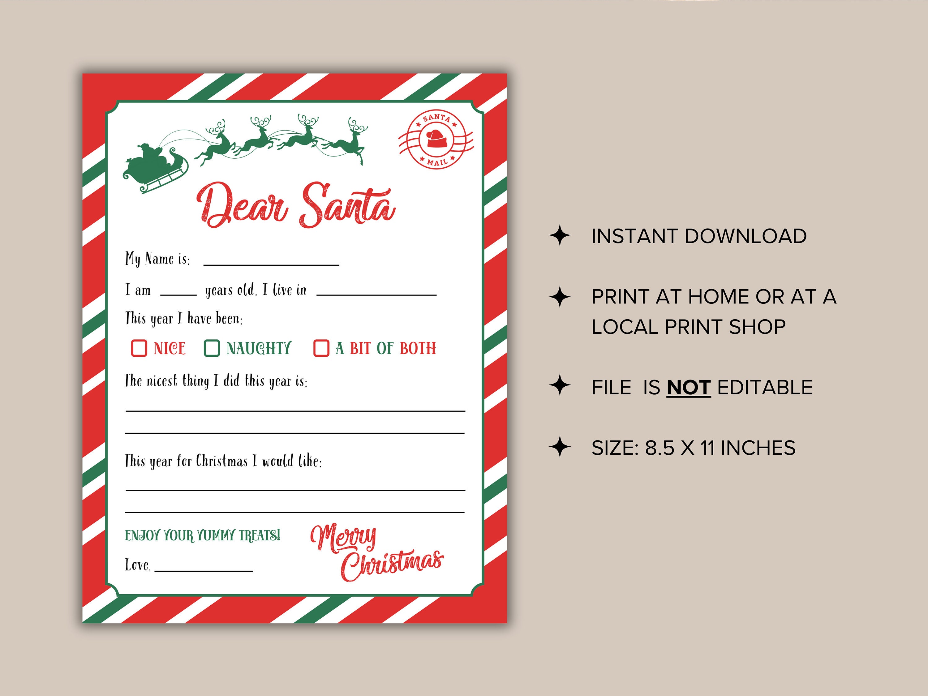 Letter to Santa Instant Download Printable Letter Kids Santa Letter ...