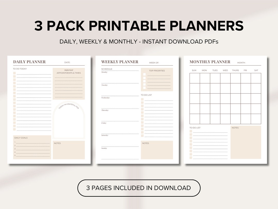 Daily, Weekly & Monthly Planner | 3 Pack Instant Download Non-editable ...