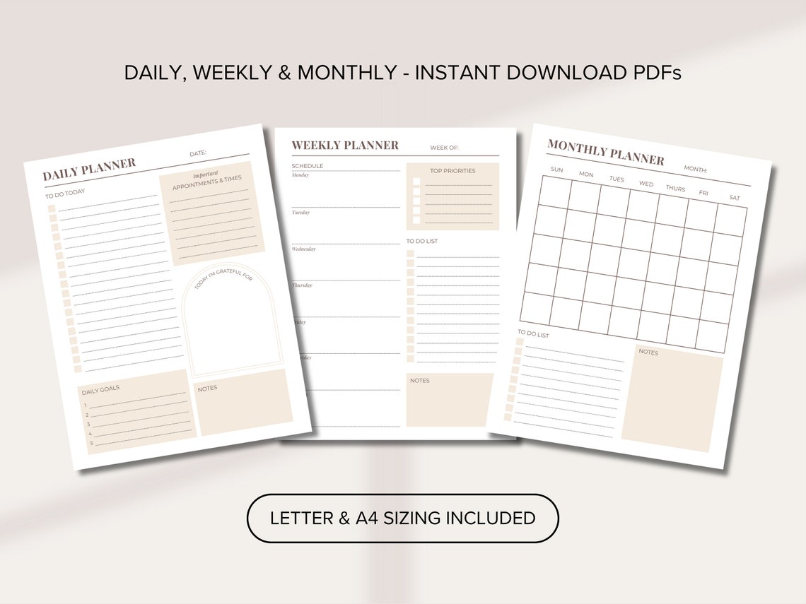 Daily, Weekly & Monthly Planner | 3 Pack Instant Download Non-editable ...