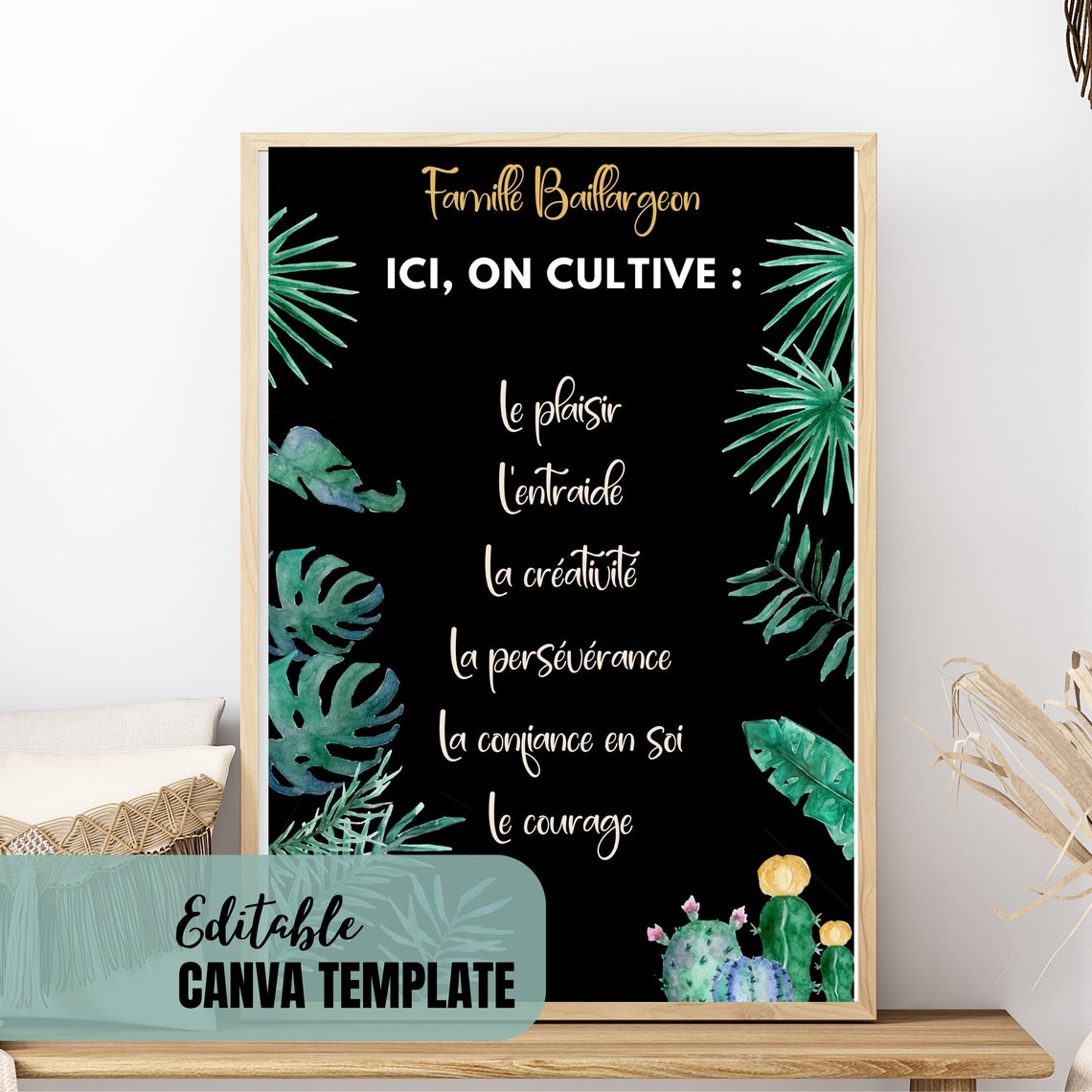 Family Values Poster, Editable Wall Art, Tropical and Black Charter of ...
