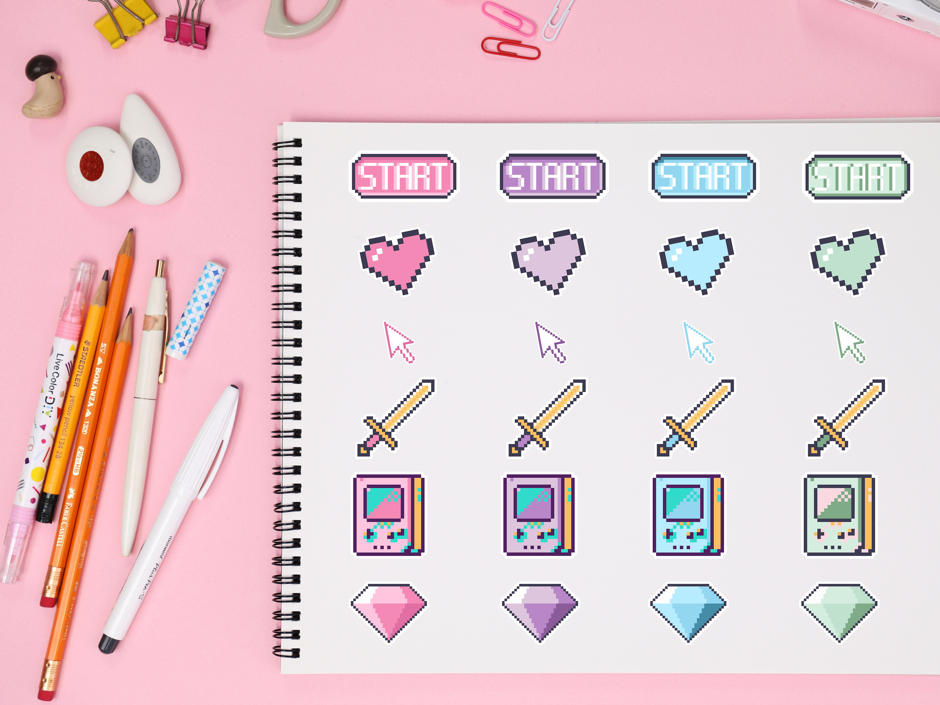 Cutsie Gamer Pixel Art Sticker Printables X4 Colors | PNG Downloadable ...