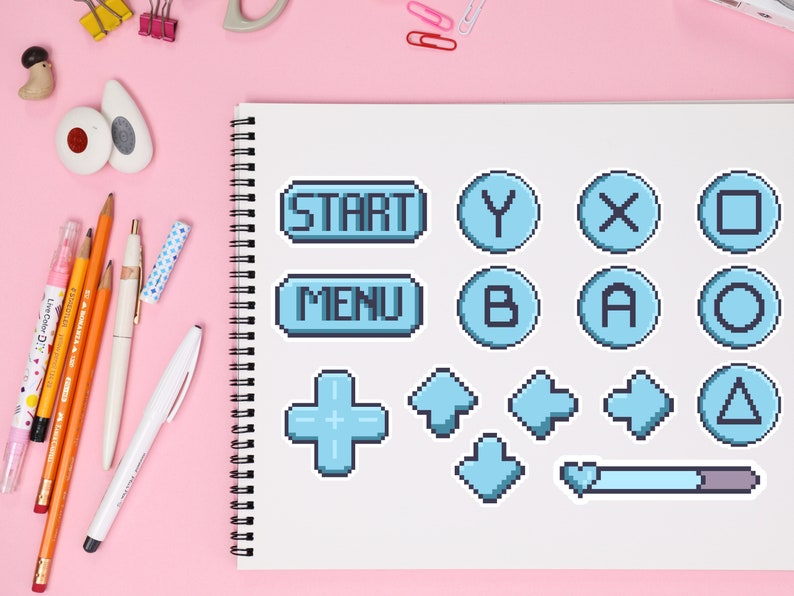 Pixel Art Blue Controller Buttons PNG Downloadable Sticker Prints Kawai ...