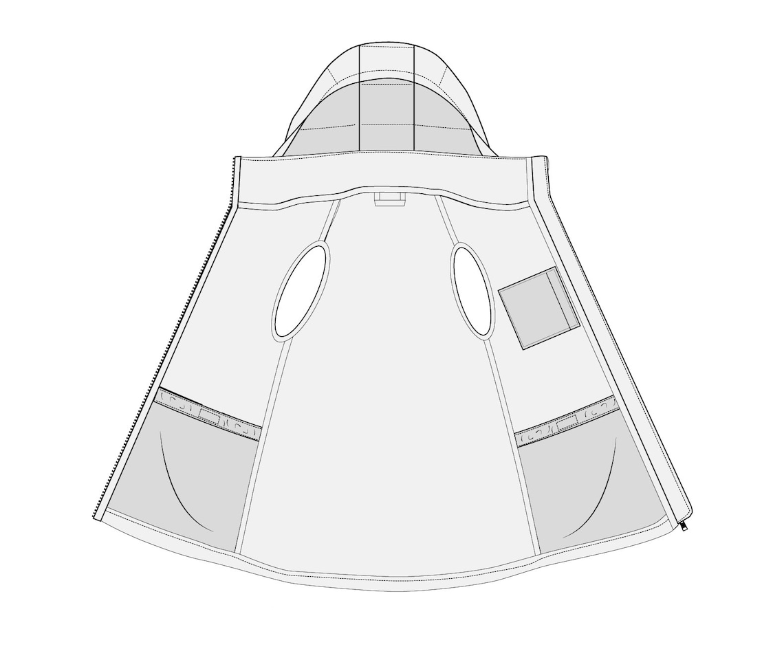 Long Puffer Hooded Jacket Vector CAD Template With Front, Back and Open ...