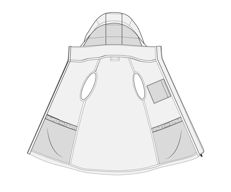 Long Puffer Hooded Jacket Vector CAD Template With Front, Back and Open ...