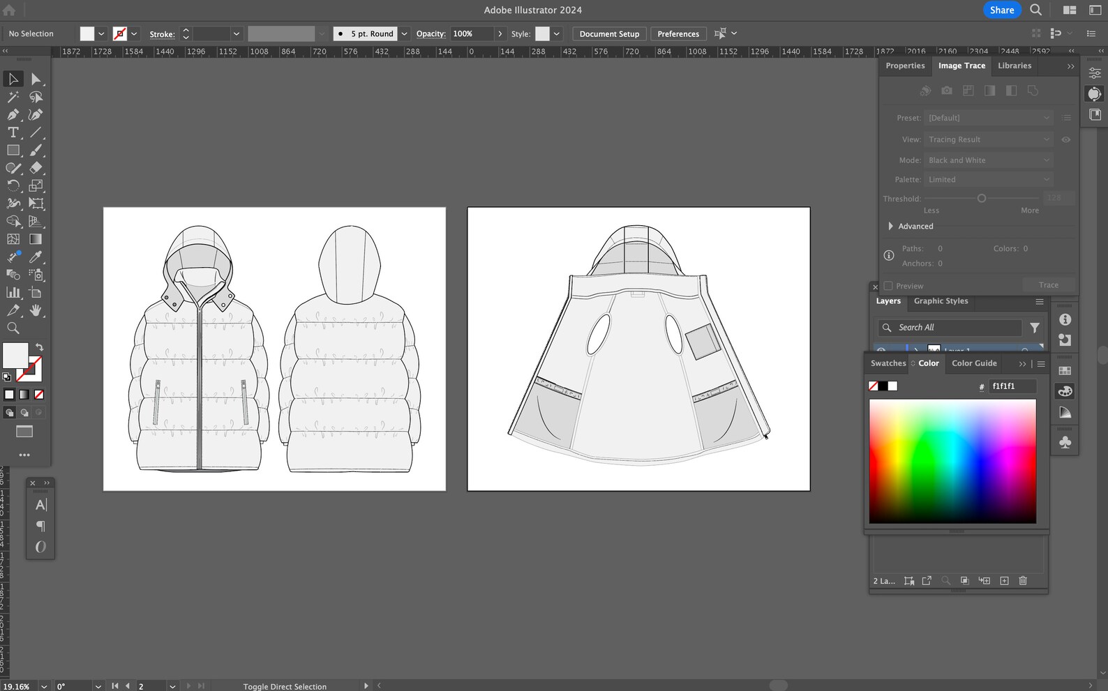 Long Puffer Hooded Jacket Vector CAD Template With Front, Back and Open ...