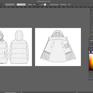 Long Puffer Hooded Jacket Vector CAD Template With Front, Back and Open ...