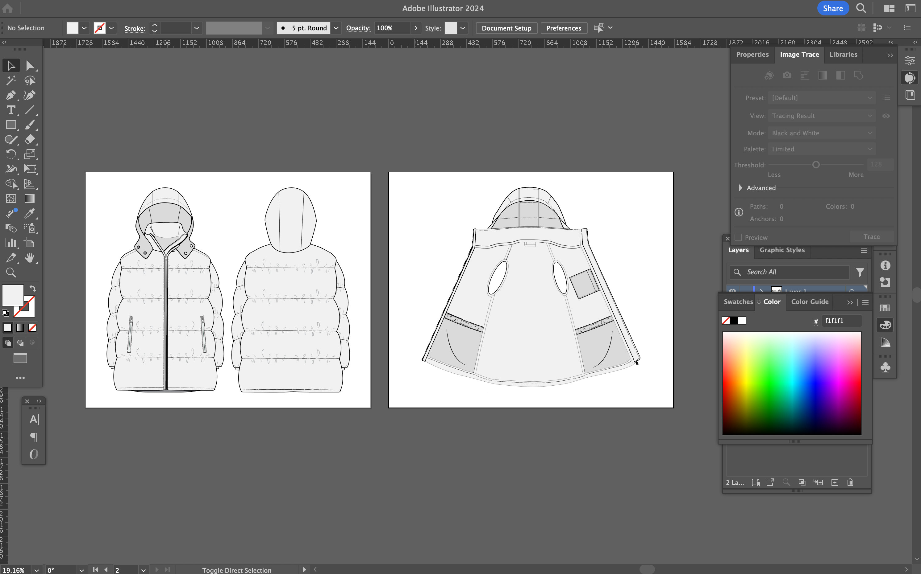 Long Puffer Hooded Jacket Vector CAD Template With Front, Back and Open ...