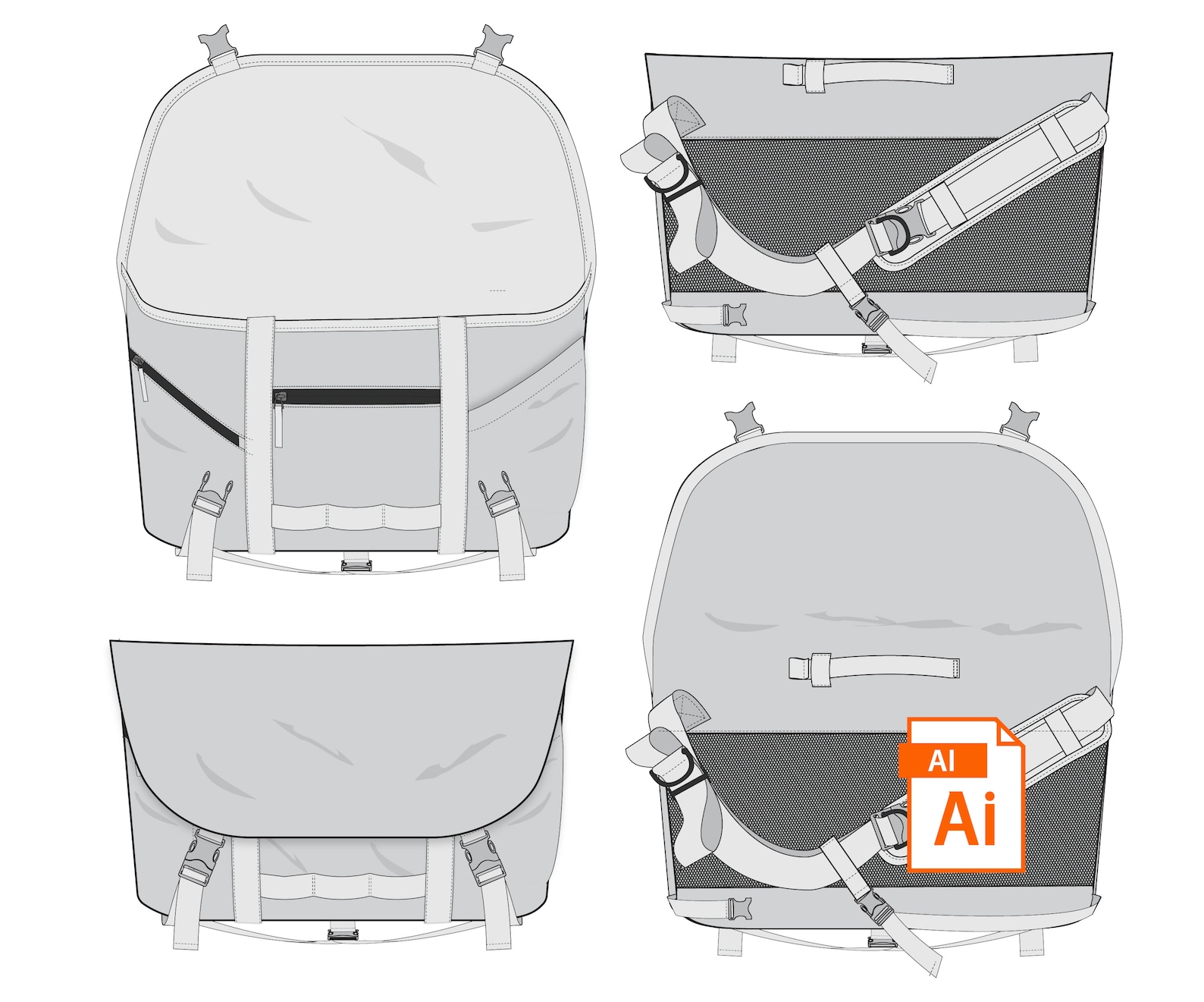 Editable Messenger Bag Vector Technical Illustration Front, Back, Open ...
