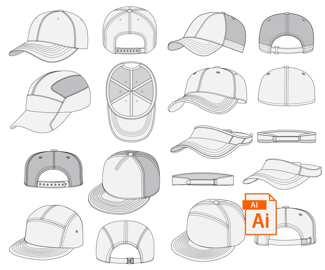 Headwear Technical Vector Illustration Set - With Editable Strokes and Fills - Multiple Designs ...