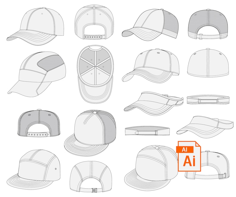 Headwear Technical Vector Illustration Set - With Editable Strokes and ...