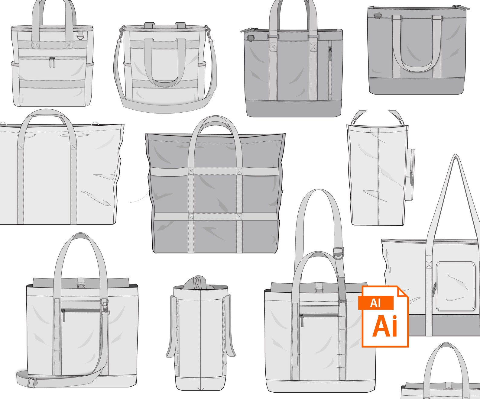 Tote Bag CAD Vector Illustration Pack - With Editable Strokes and Fills ...