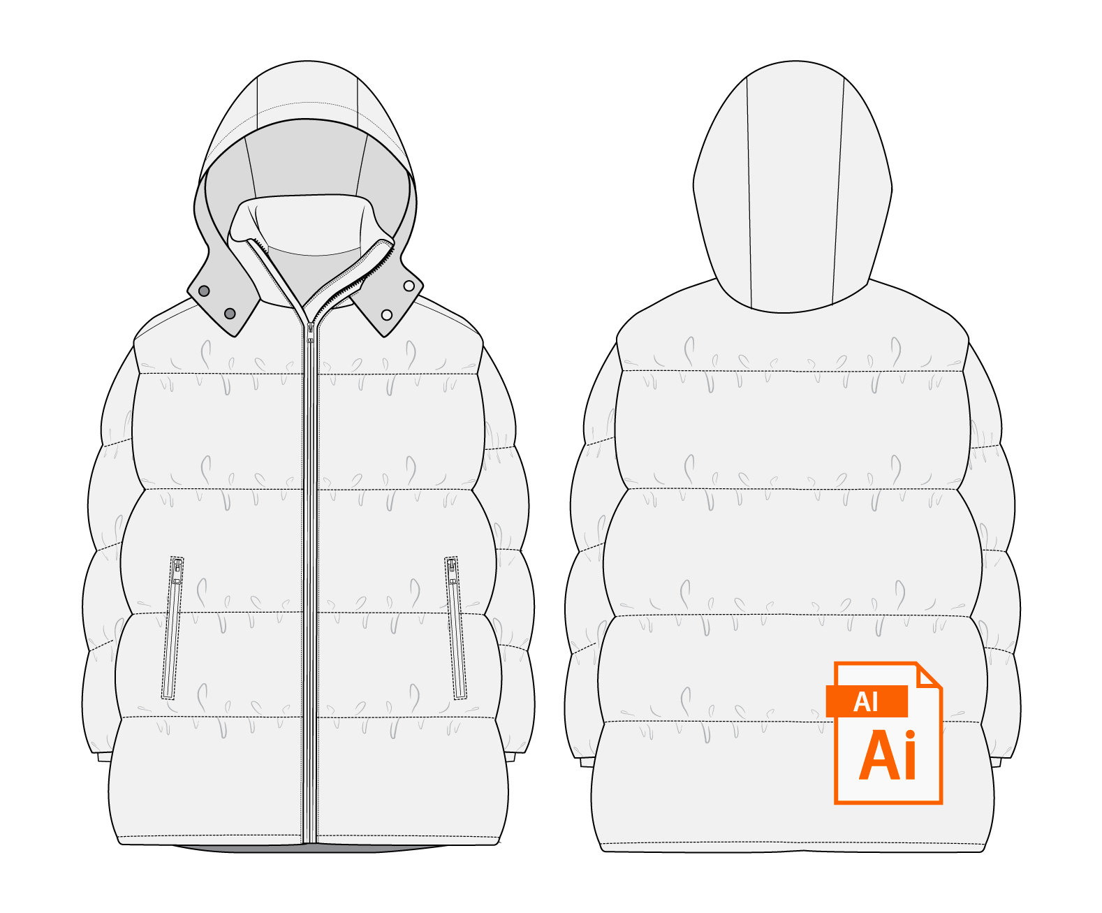 Long Puffer Hooded Jacket Vector CAD Template With Front, Back and Open ...