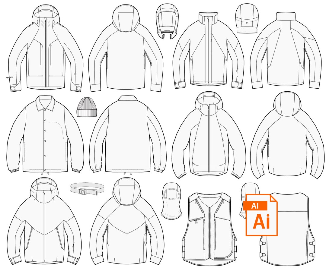 Outerwear Design Editable Flat Sketch Set - Winter Jacket Fashion ...