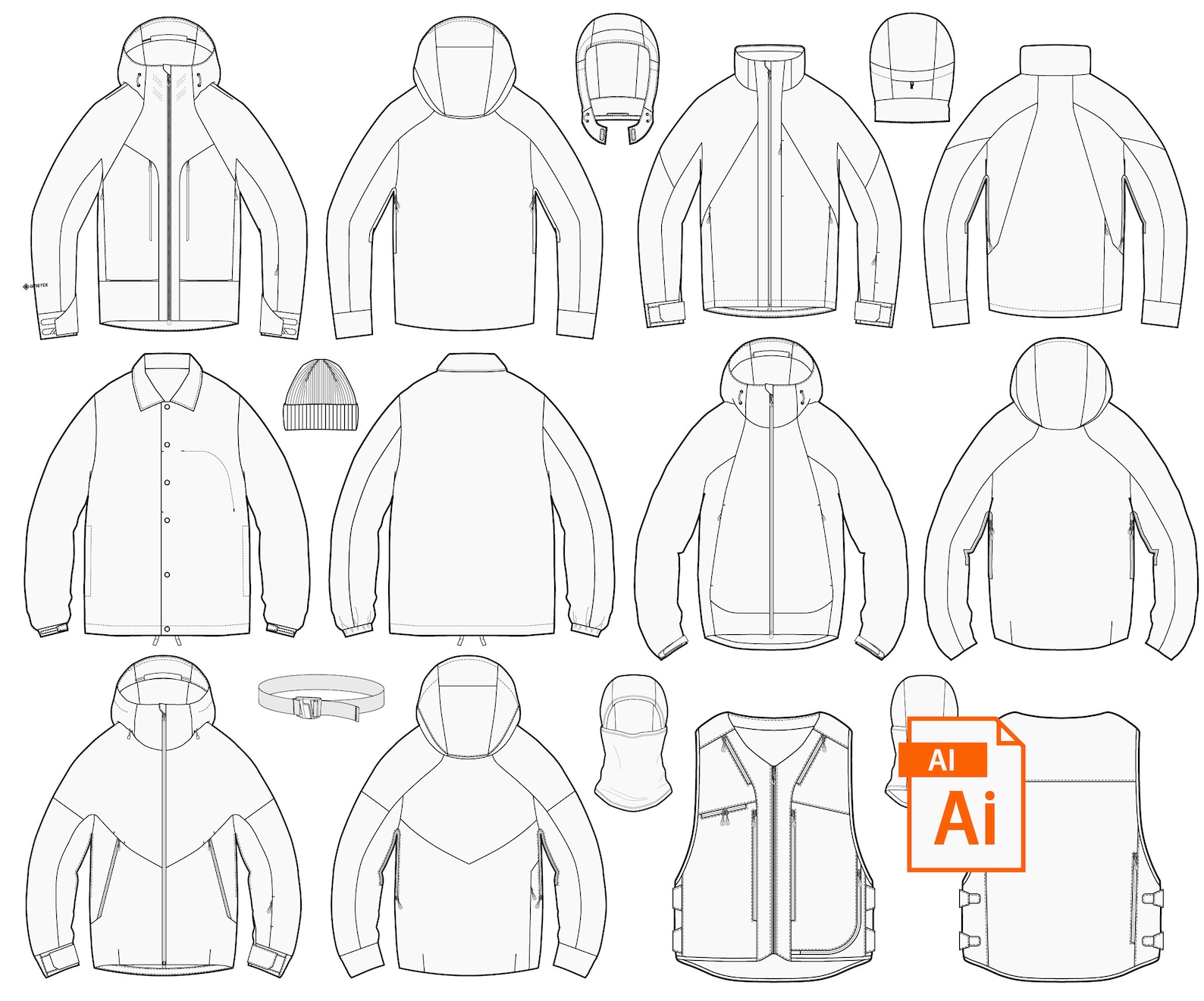 Outerwear Design Editable Flat Sketch Set - Winter Jacket Fashion ...