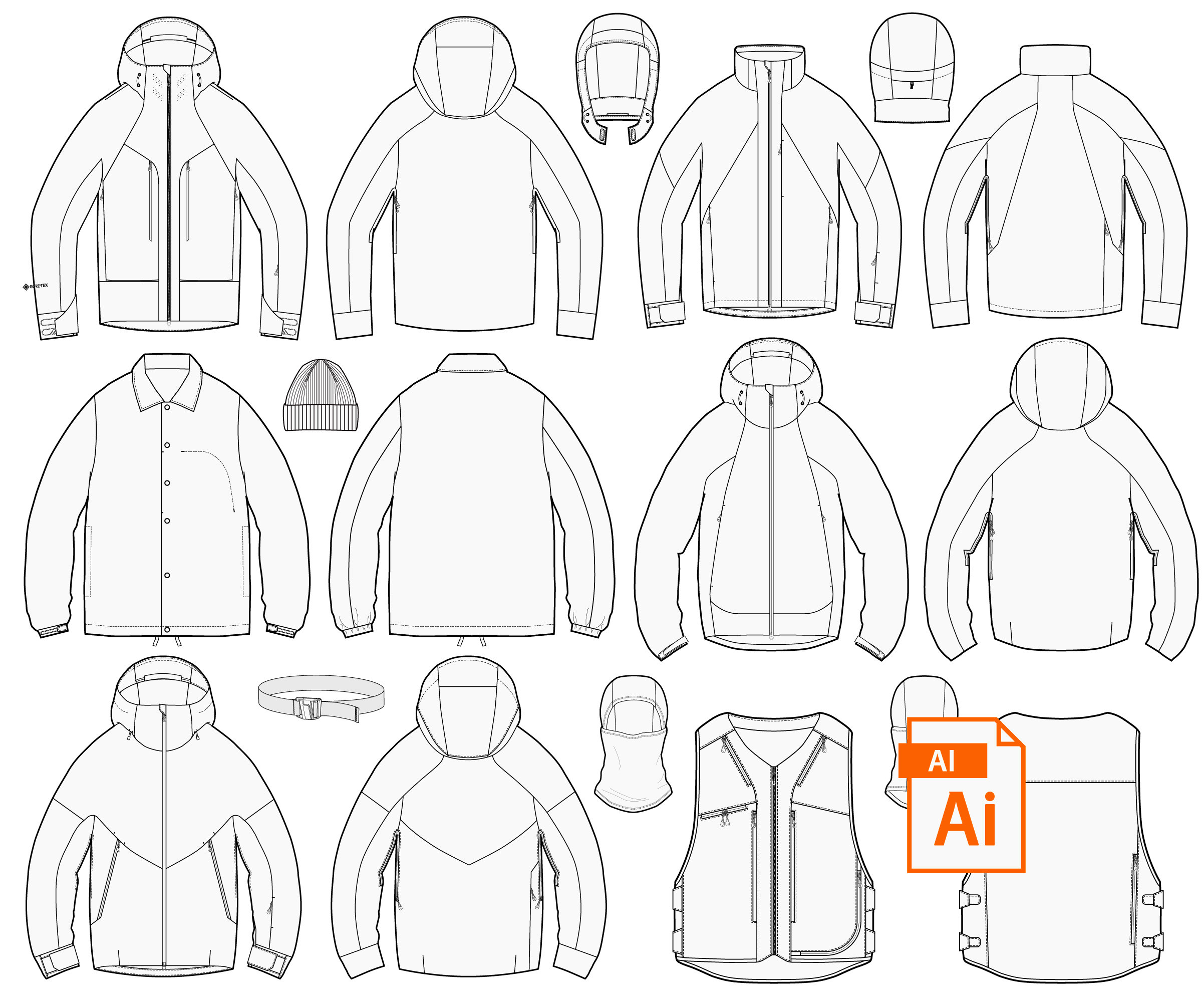 Outerwear Design Editable Flat Sketch Set - Winter Jacket Fashion ...