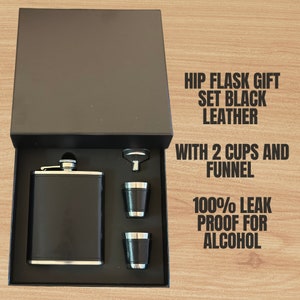 7 Oz Stainless Steel Hip Flask Gift Set Black Leather With 2 Cups and ...