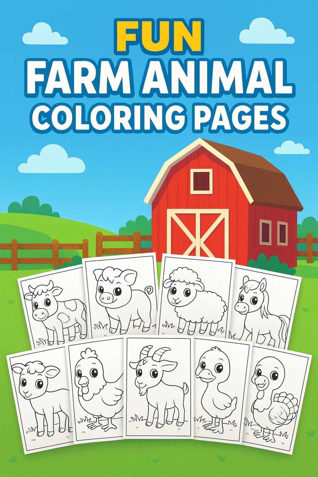 Cute Farm Animal Coloring Pages: CHICKEN, DUCK, TURKEY (digital ...