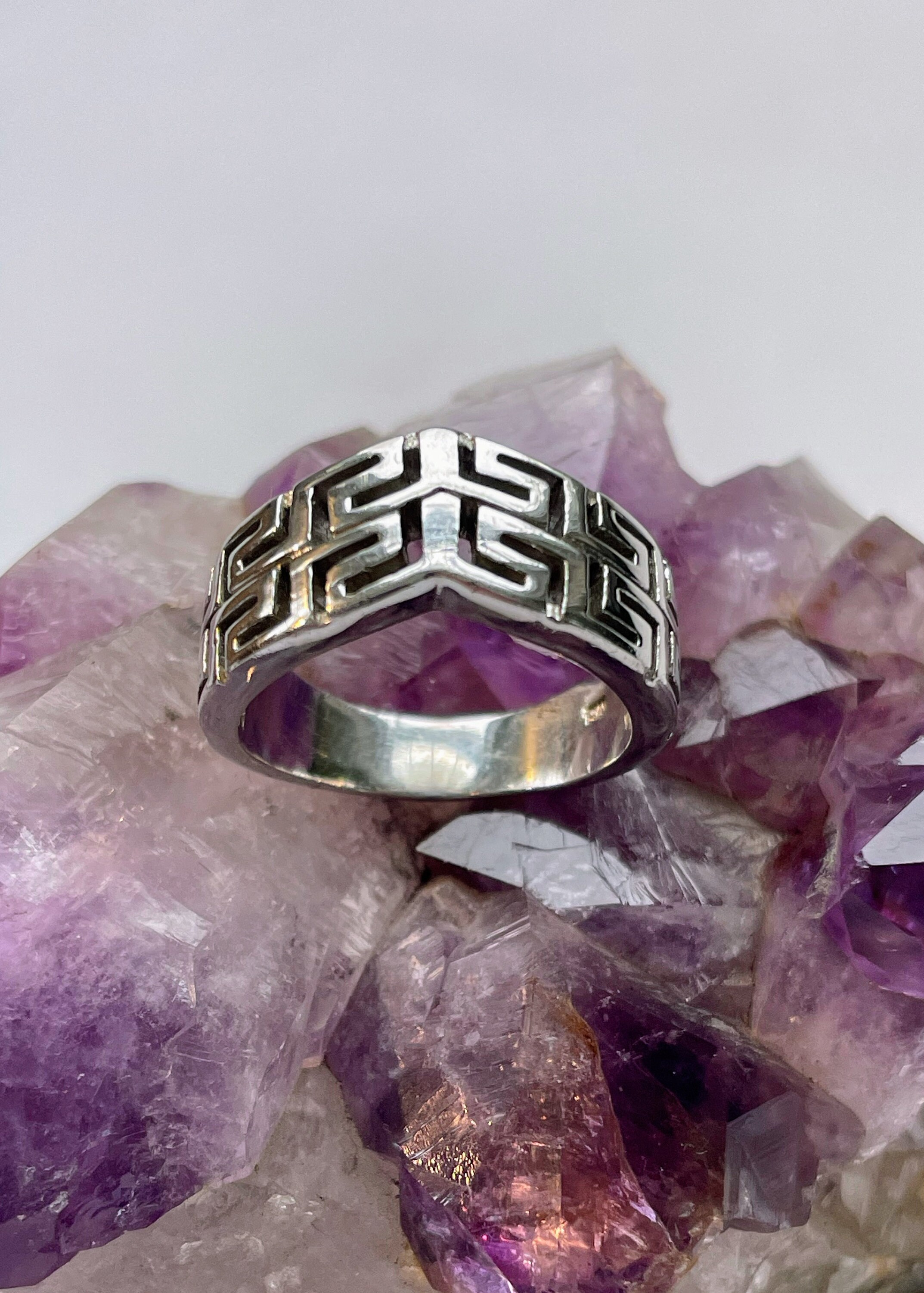 Sterling Silver Double Row, Pierced Greek Key Ring - Etsy