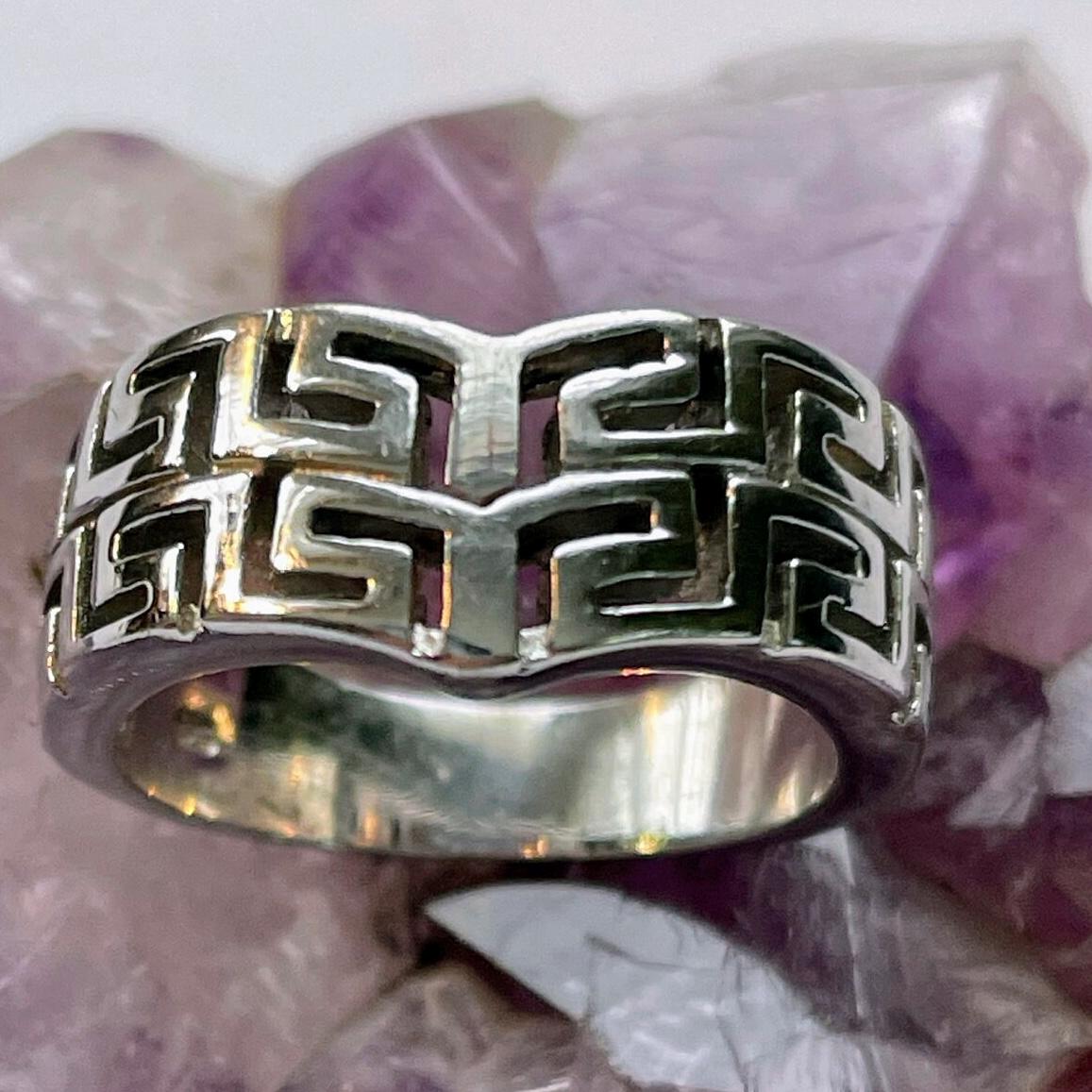 Sterling Silver Double Row, Pierced Greek Key Ring - Etsy
