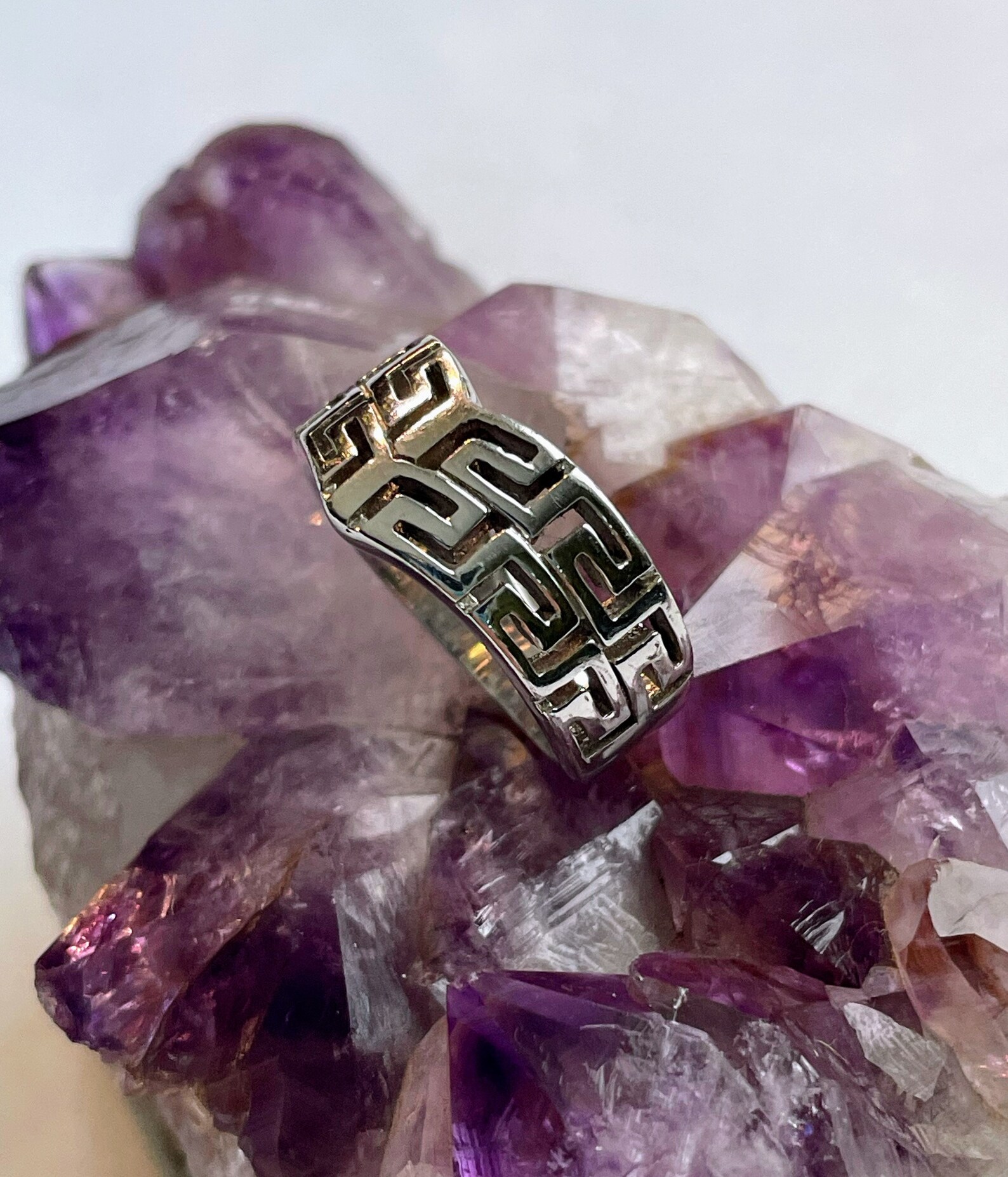 Sterling Silver Double Row, Pierced Greek Key Ring - Etsy