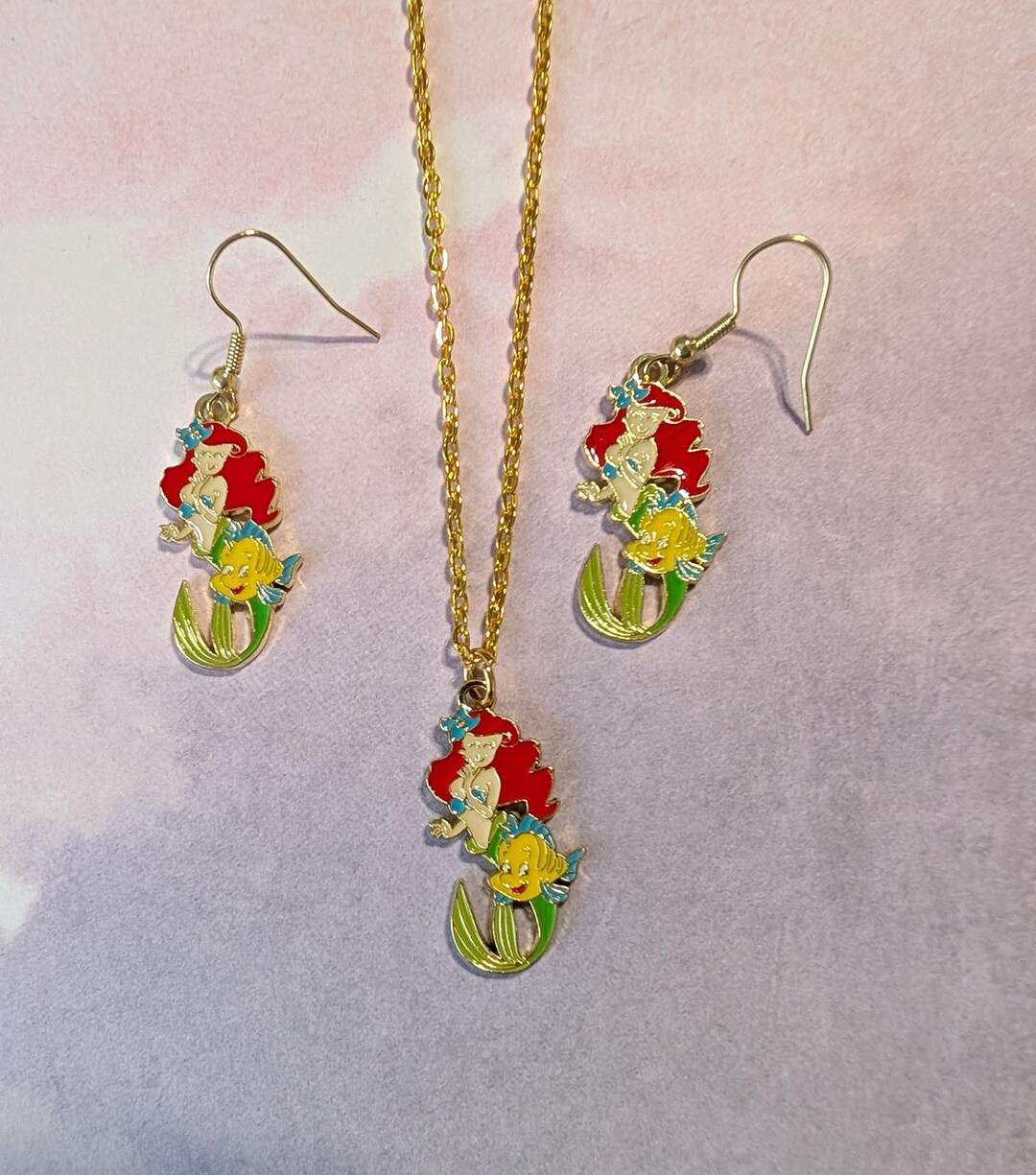 Ariel and Flounder 1.25" Tall Goldtone Metal Enamel Earring and ...