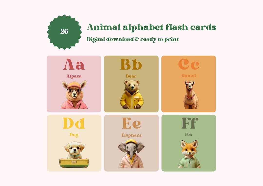 Animal Alphabet Flash Cards Printable Abcs Nursery Decor Preschool ...