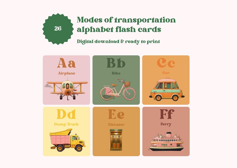 Vehicles Alphabet Flash Cards Printable Abcs Early Learning Preschool ...