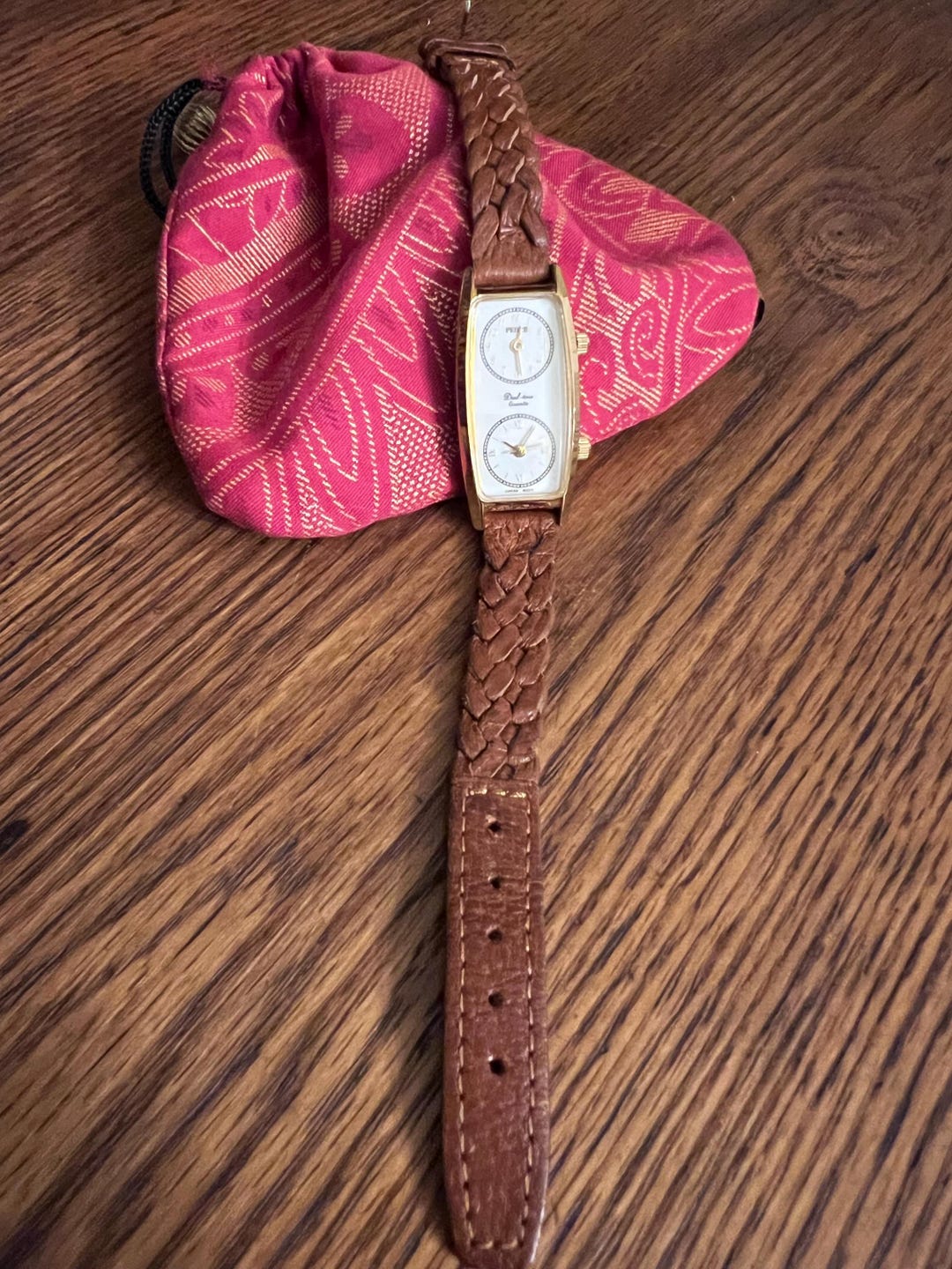 Women’s Dual-time Wrist Watch, Pedre Quartz, Gold Finish, Brown Leather ...