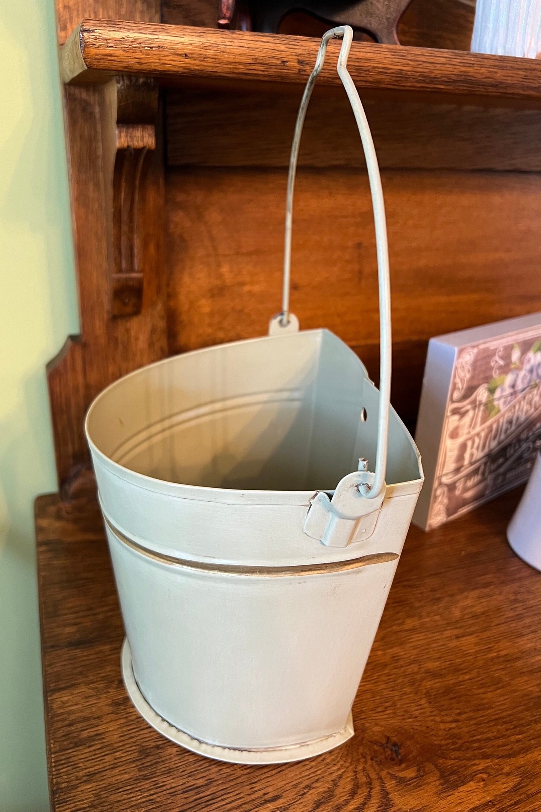 Metal Bucket Wall Planter Flat Back With Handle, Vintage Green and Gold ...