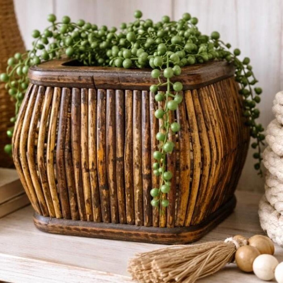 Vintage Pencil Reed Bamboo Planter, Handcrafted Wood Cachepot, Rustic ...