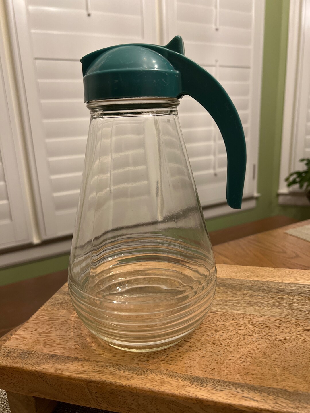 Clear Glass Syrup Pitcher With Plastic Green Lid Retro Gift for Kitchen ...