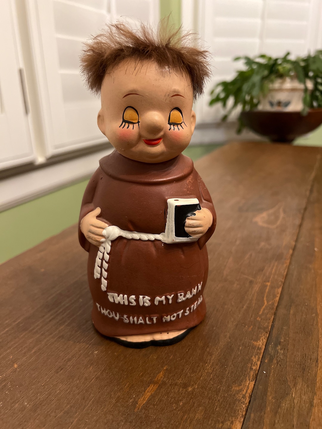 Coin Bank Friar Tuck Holding Book Wearing Brown Robe Sporting Faux Hair ...