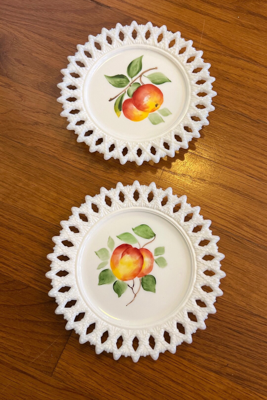 Vintage Milk Glass Peach Plates, Lace Edge Dessert Plates, Set of 2 ...