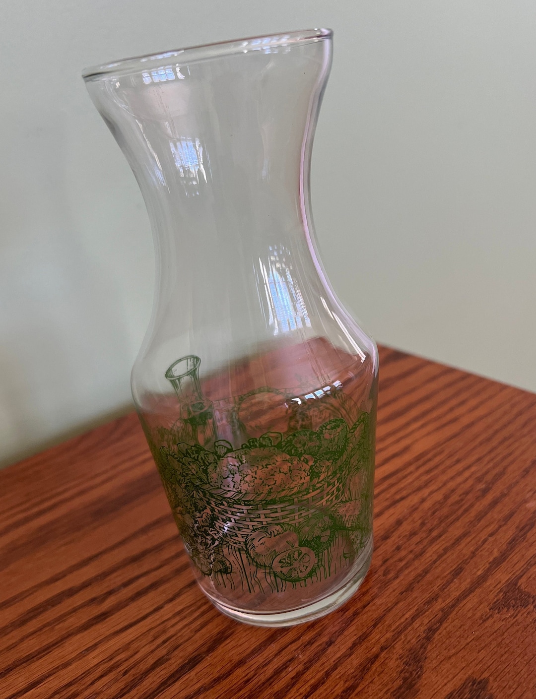 Clear Glass Carafe Juice Server Pitcher Embossed With Green Vegetable ...