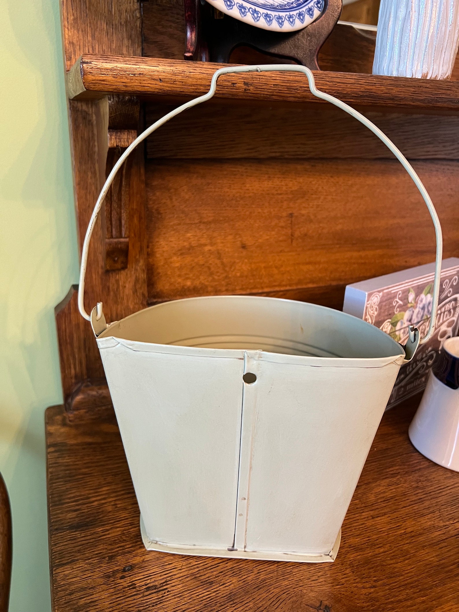 Metal Bucket Wall Planter Flat Back With Handle, Vintage Green and Gold ...