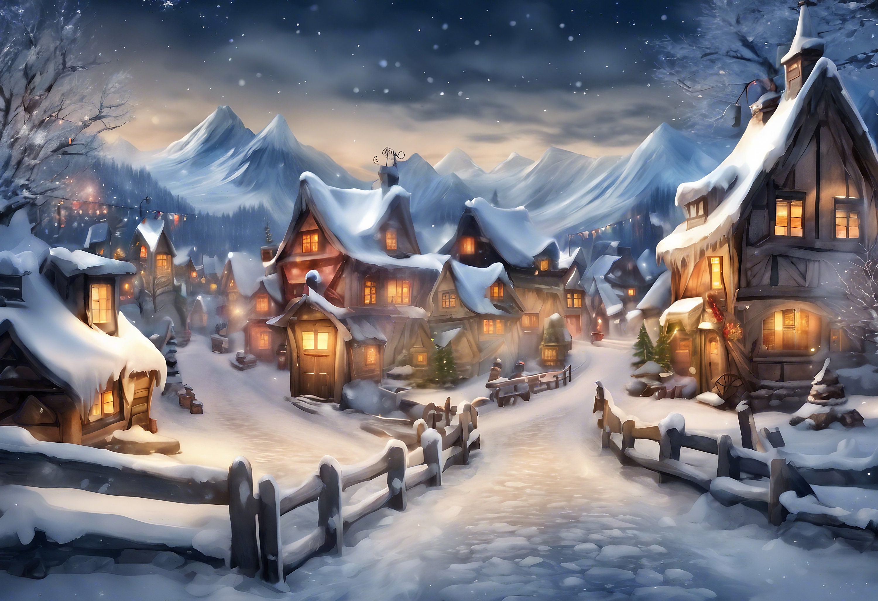 Winter Village Digital Background Enchanting Snow-covered - Etsy