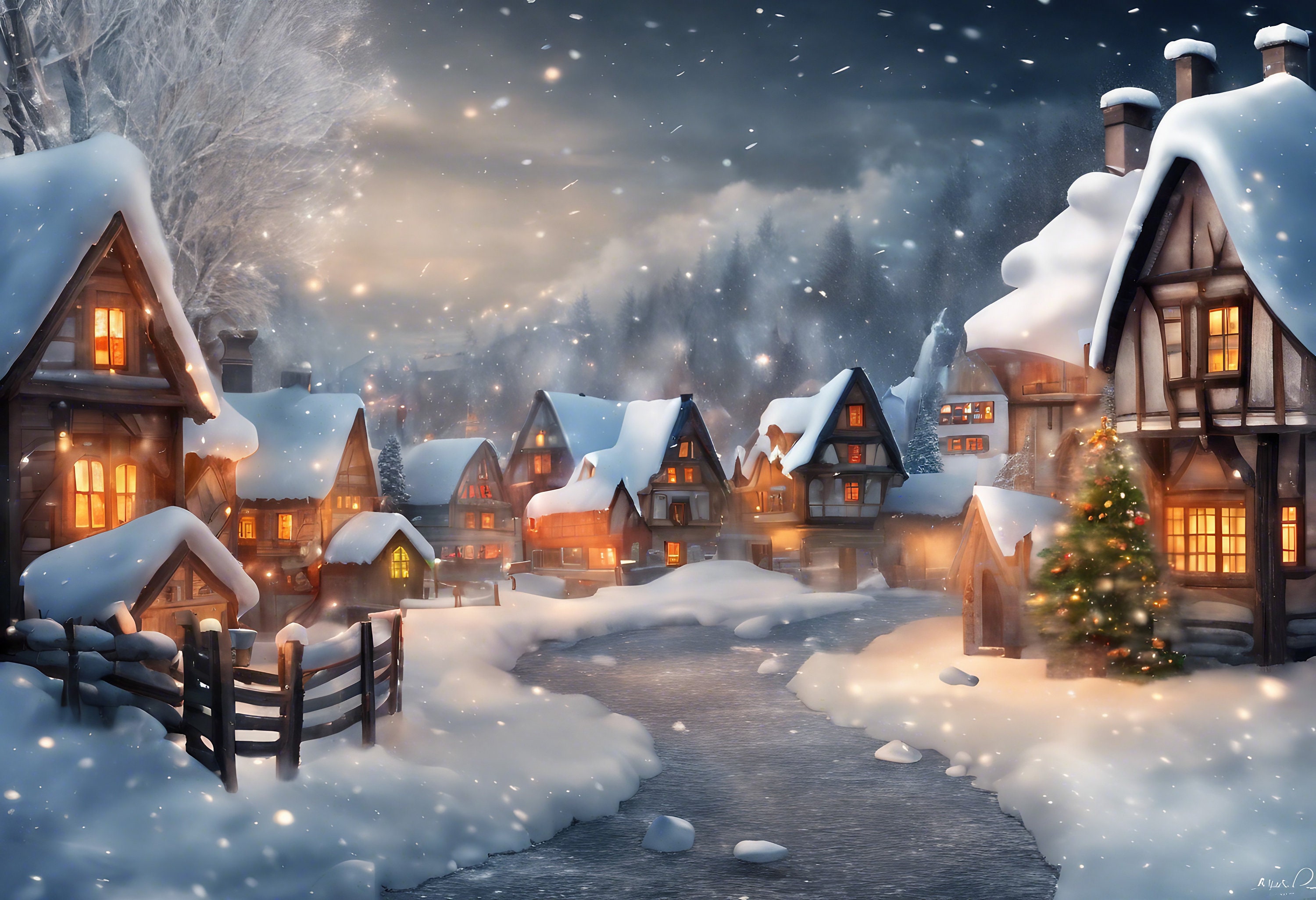 Winter Village Digital Background Enchanting Snow-covered - Etsy