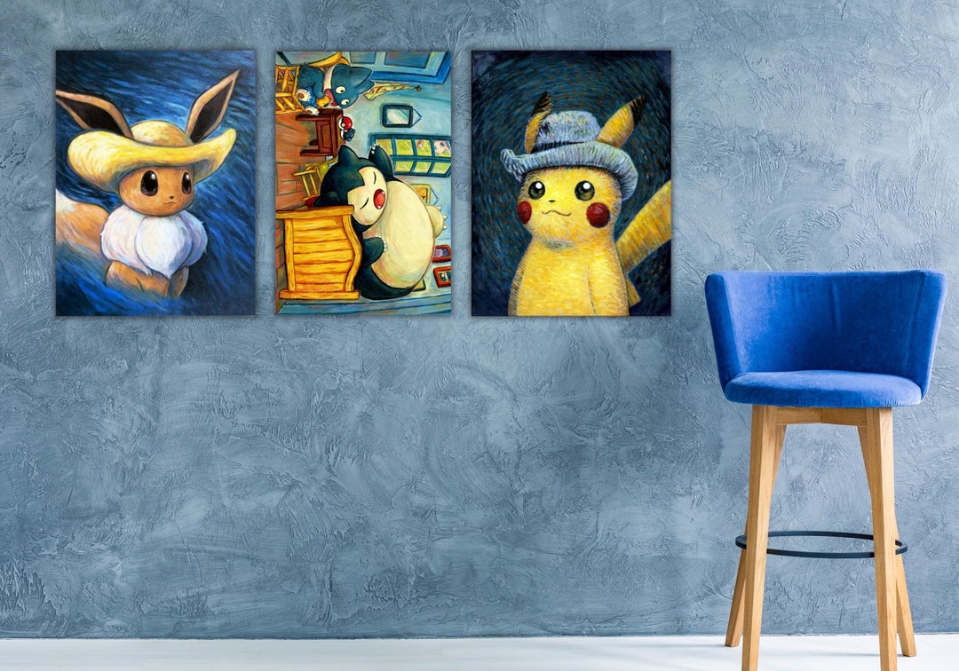 Set of 3 Van Gogh Pikachu Print, Van Gogh Pikachu Evee Snorlax Ready to ...