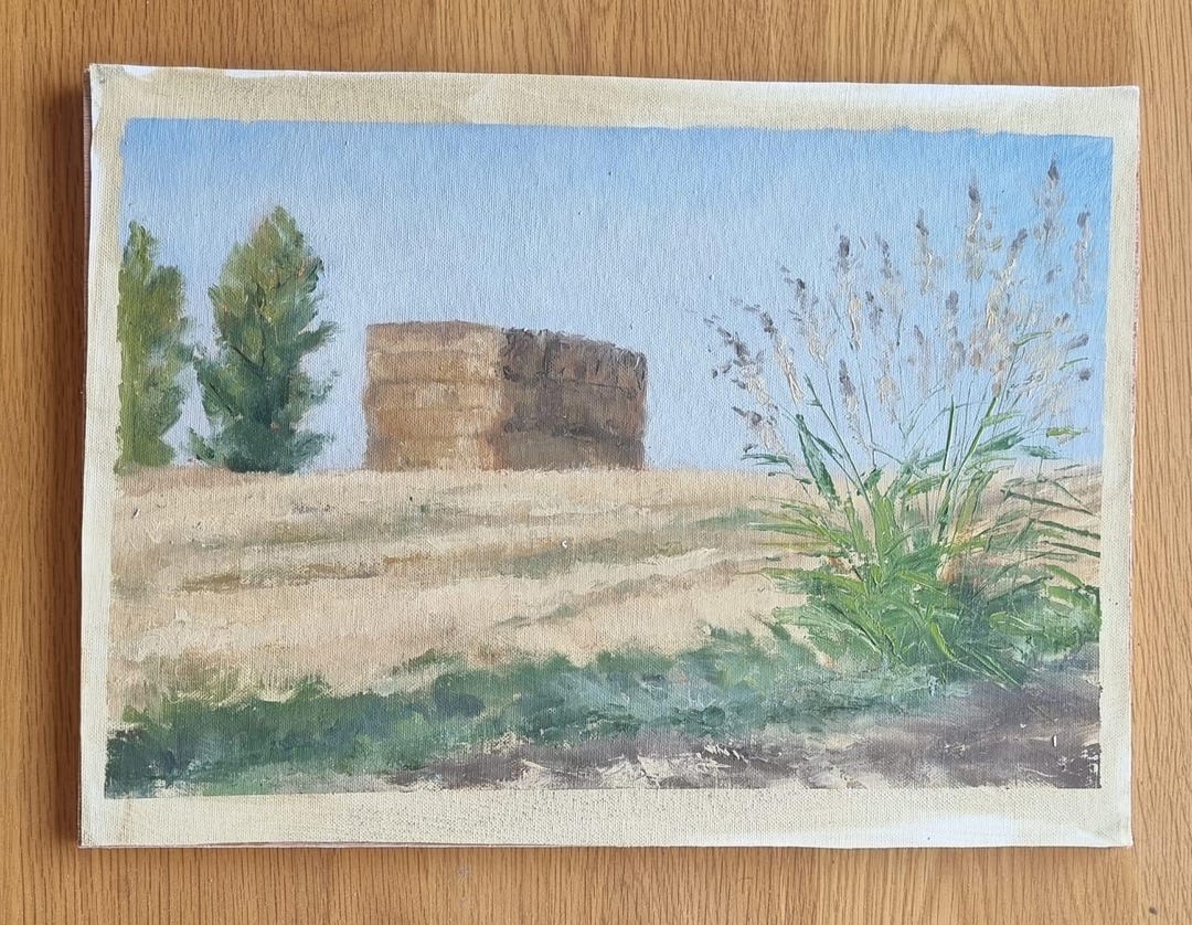 Bales of Hay and a Shrub Original Oil Painting ,hand Made Painting ...