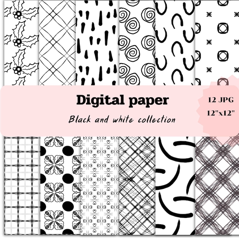 Black and White Digital Paper, Back to School Digital Paper, 12 Jpg ...
