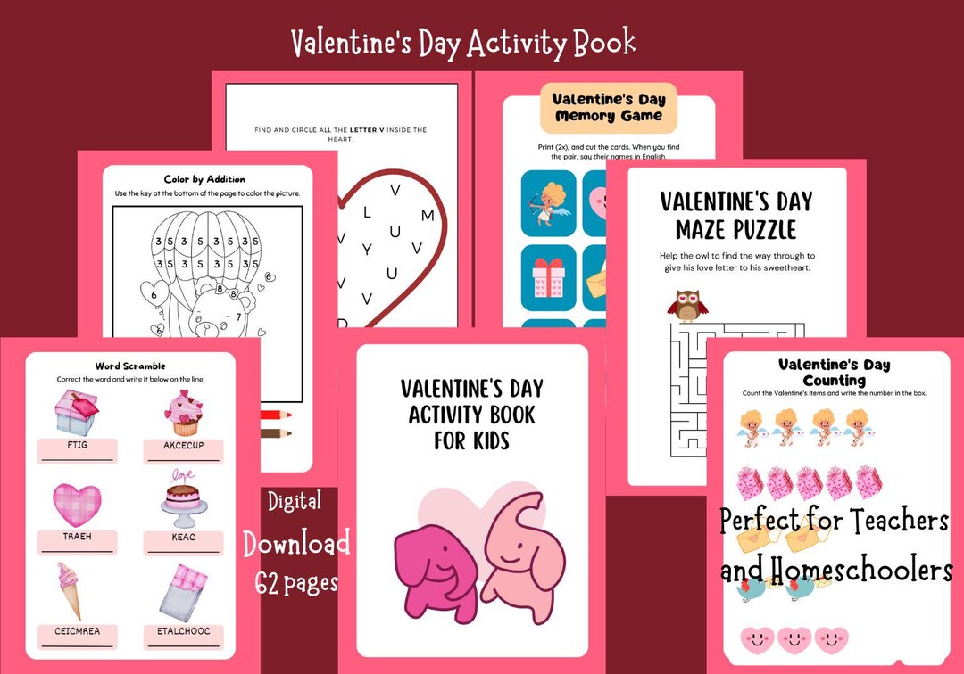 Valentine's Day Printable Activity Book for Children, 65 Pages of ...