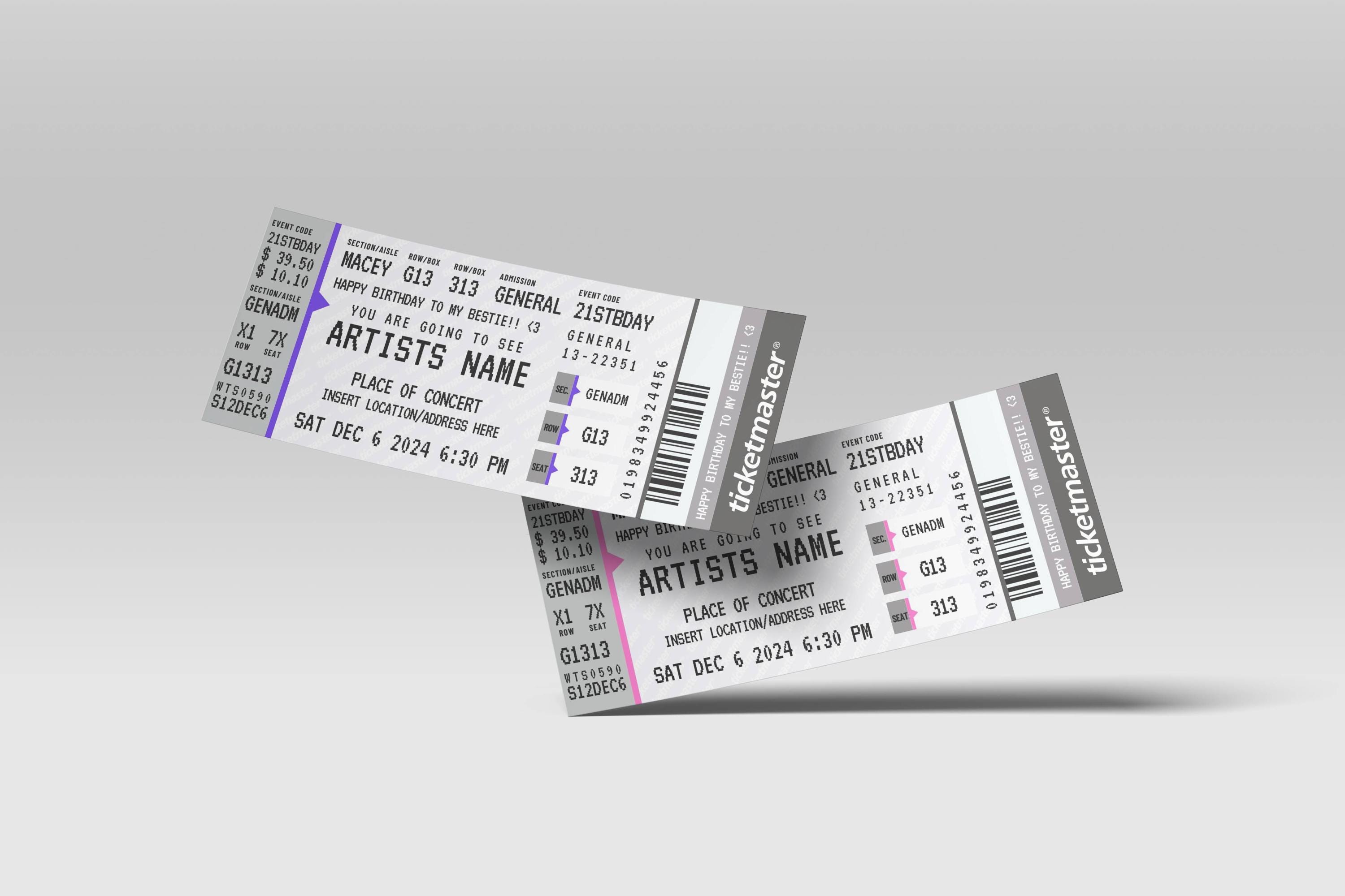 Custom Ticketmaster Concert Ticket Template | Surprise Concert Gift ...