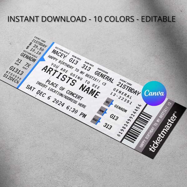 Ticketmaster concert ticket template - Etsy México